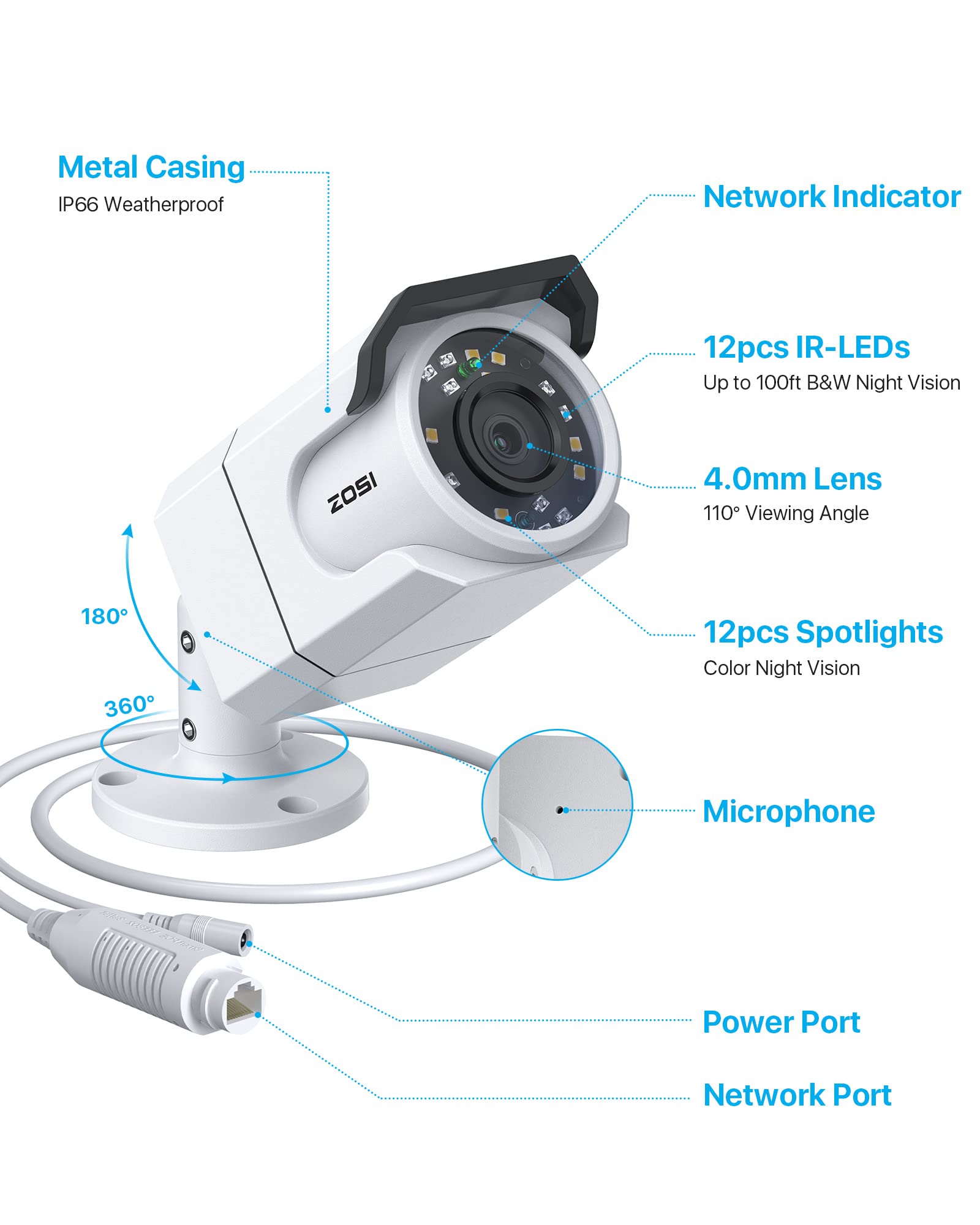 ZOSI ZG1058D 4K 8MP PoE Security IP Camera with Audio Bullet PoE Camera Outdoor with Starlight Night Vision,Human Motion Detection,Smart Light Alarm,IP66 Weatherproof, Only Work 4K PoE NVR