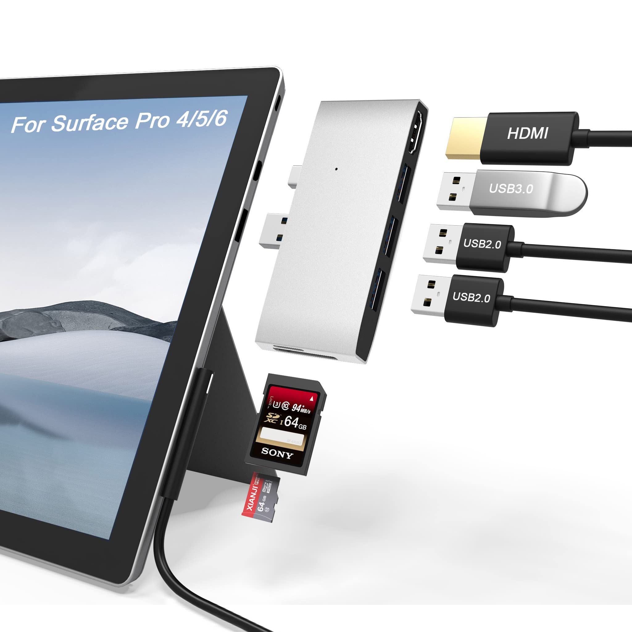 Surface Pro 4/5/6 USB Hub Docking Station, Surface Pro Hub Adapter with 1xUSB3.0 + 2X USB2.0 Ports, SD + TF Card Slot, 4K@30Hz HDMI Port Converter Accessories for Microsoft Surface Pro 6/5/4