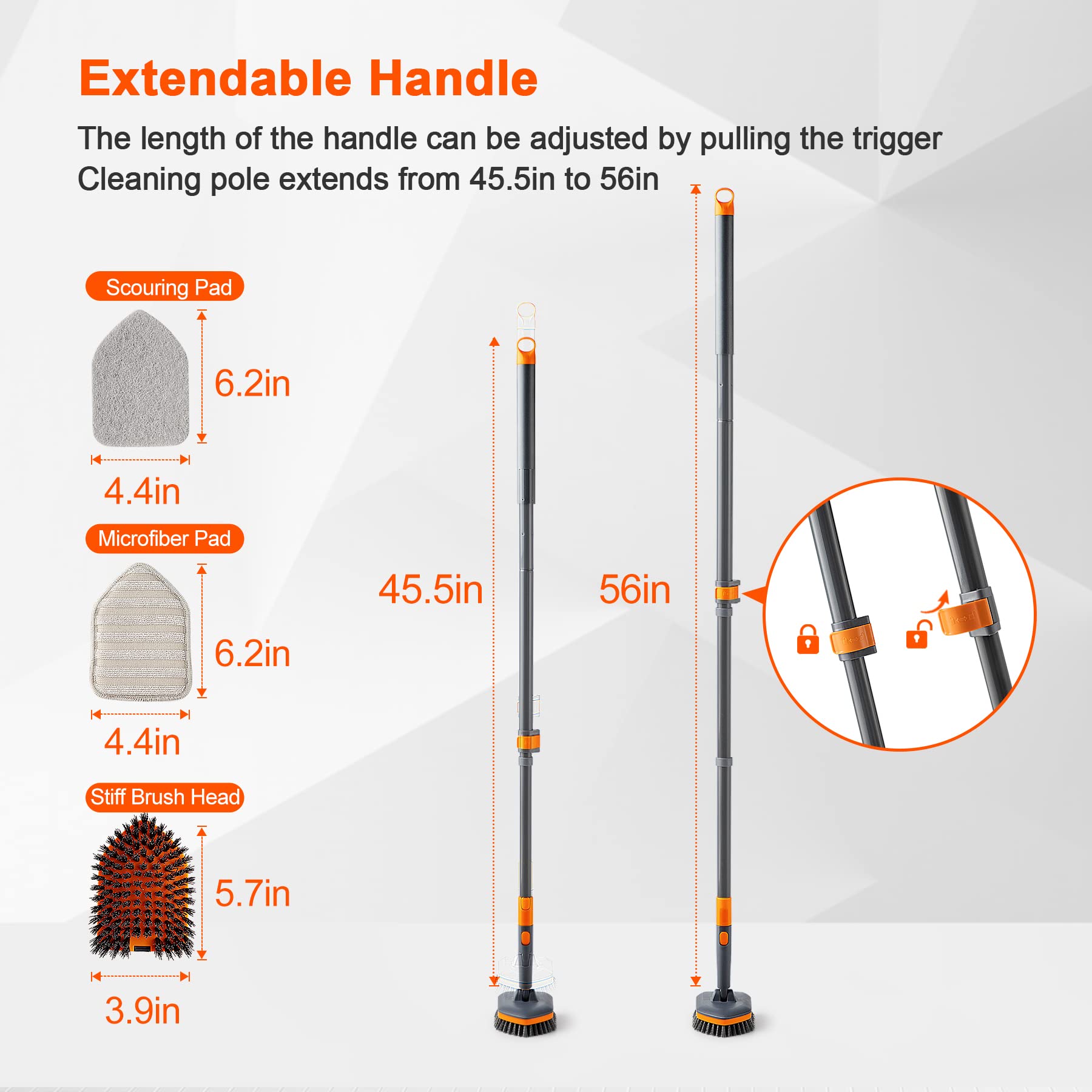 CLEANHOME Tile Tub Scrubber Brush with 3 Different Function Cleaning Heads and 56" Extendable Long Handle-No Scratch Shower Scrubber for Cleaning Bathroom Kitchen Toilet Wall,Bathtub,Sink,Grey