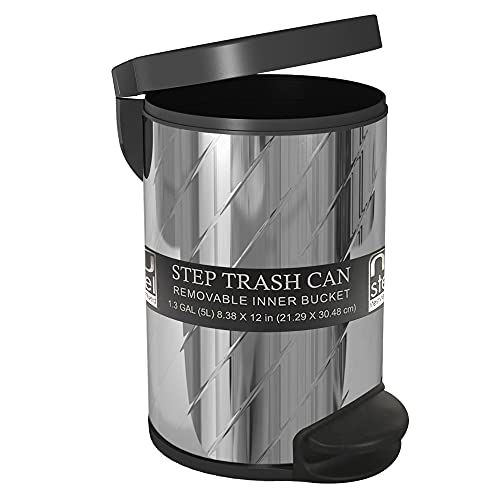 nu steel 5 Liter Round Small Metal Step Trash Can Wastebasket, Garbage Container Bin - for Bathroom, Powder Room, Bedroom, Kitchen, Office - Removable Liner Bucket - 8" x 8" x 12" – Shiny Steel