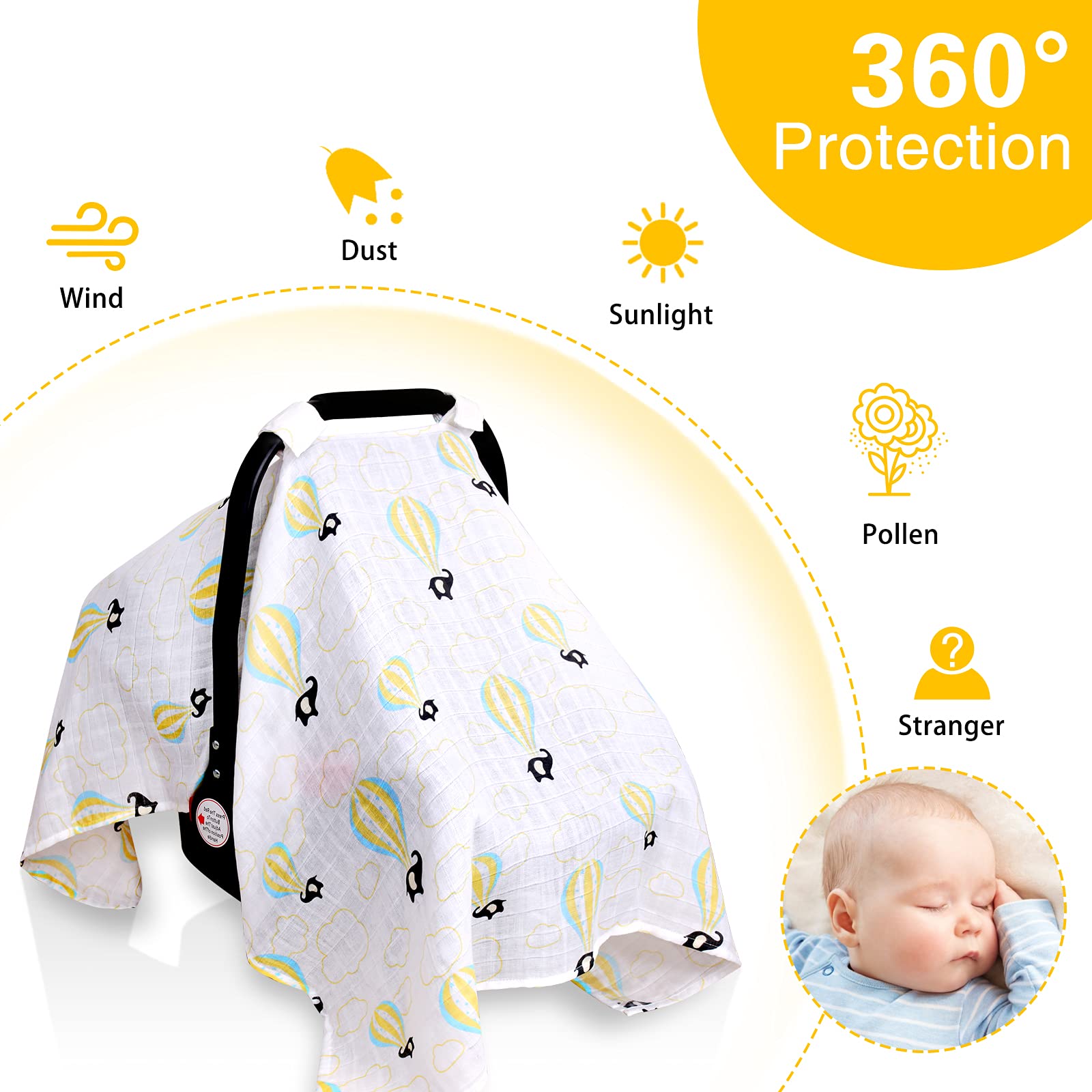 Baby Car Seat Covers, Spring Carseat Canopy for Boys Girls, Lightweight Breathable Stroller Cover, Yellow Balloon Infant Carrier Covers