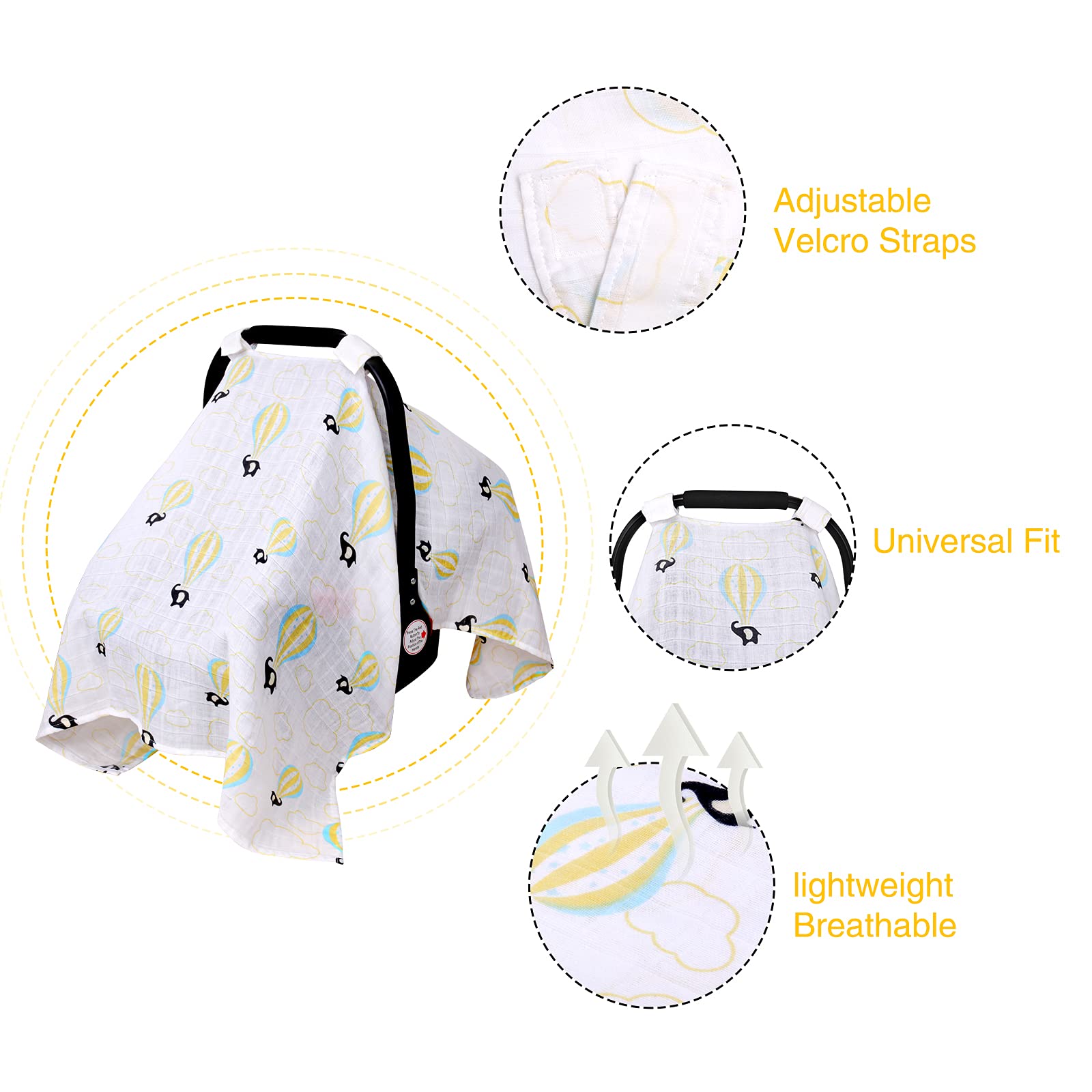 Baby Car Seat Covers, Spring Carseat Canopy for Boys Girls, Lightweight Breathable Stroller Cover, Yellow Balloon Infant Carrier Covers