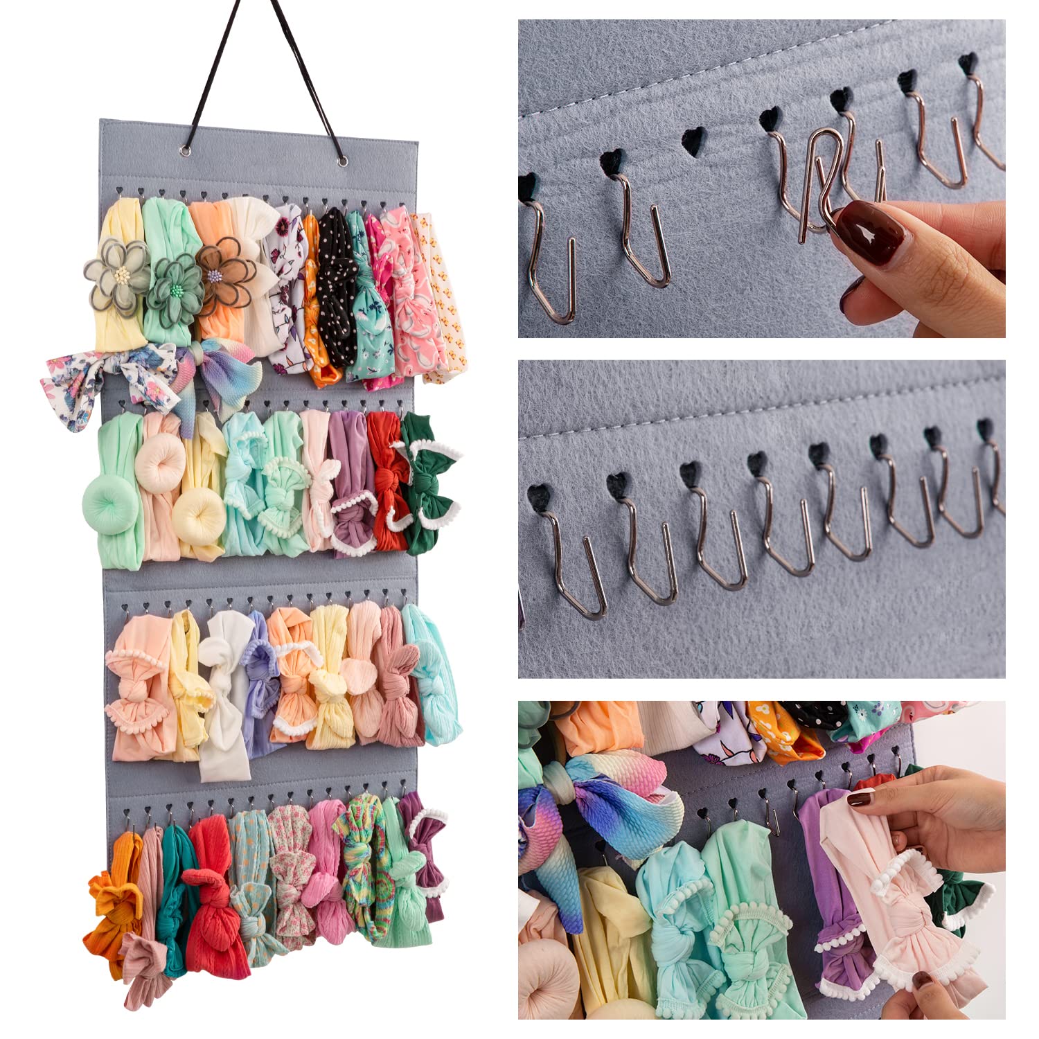 JEWERADO Headband Holder for Baby Girls Hair Bows Hanging Storage Organizer with 60 Hooks Storage for Newborn Headbands, Bow (Gray)