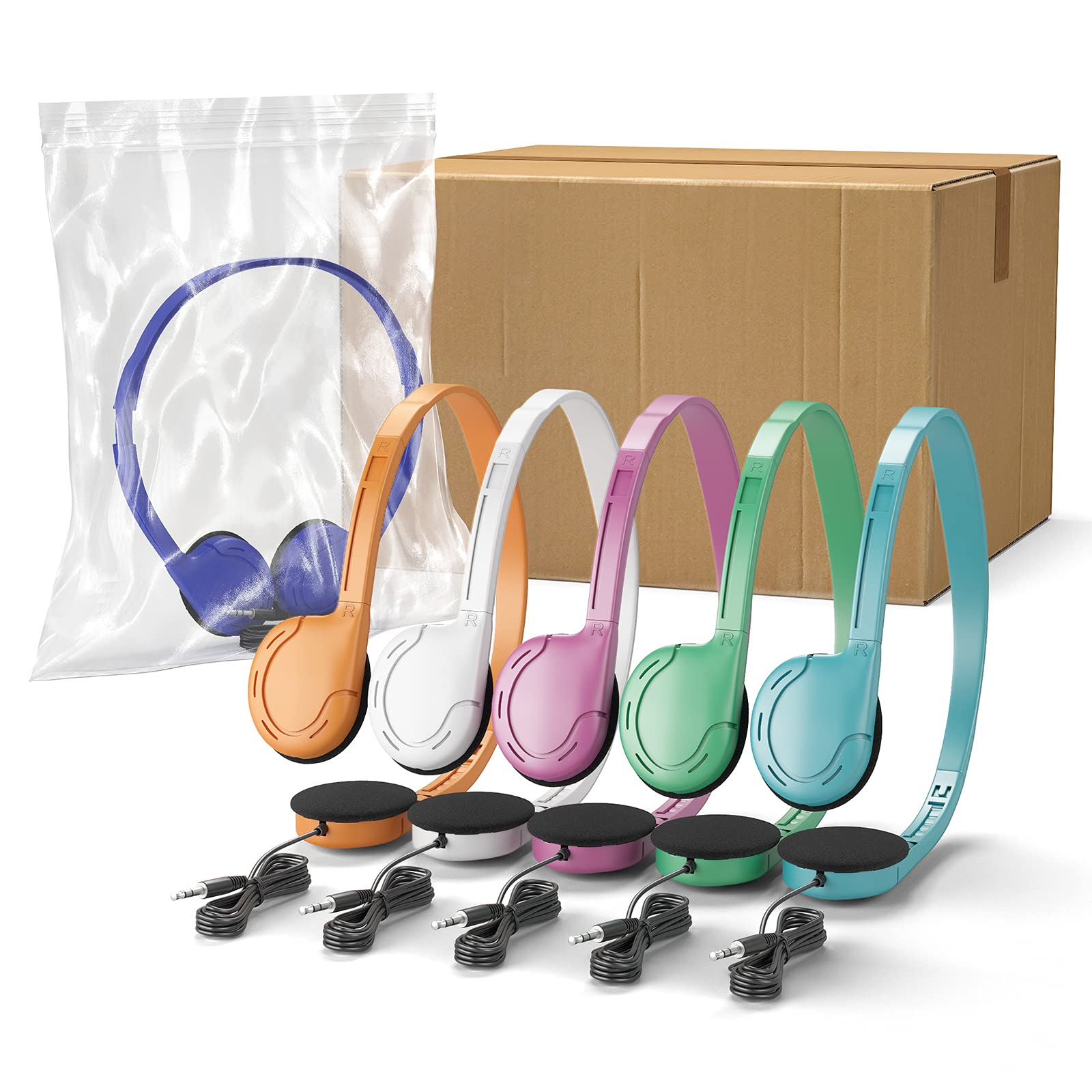 Keewonda School Headphones 12 Pack Multi Colors, Bulk Wired Disposable Kids Headphones for Classroom Students Individual Package