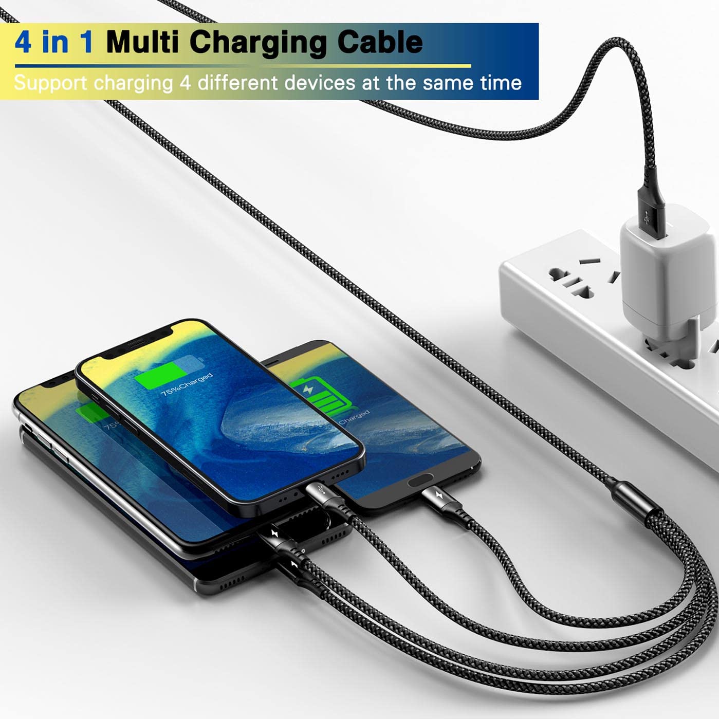 RULUS 4 in 1 Charging Cable [2Pack 4Ft], Fast Charging & Data Sync Multi Phone Charger Cable Nylon Braided USB Charging Cable with Lightning/Type C/Micro USB Port for iPhone,Samsung Tablets,Carplay