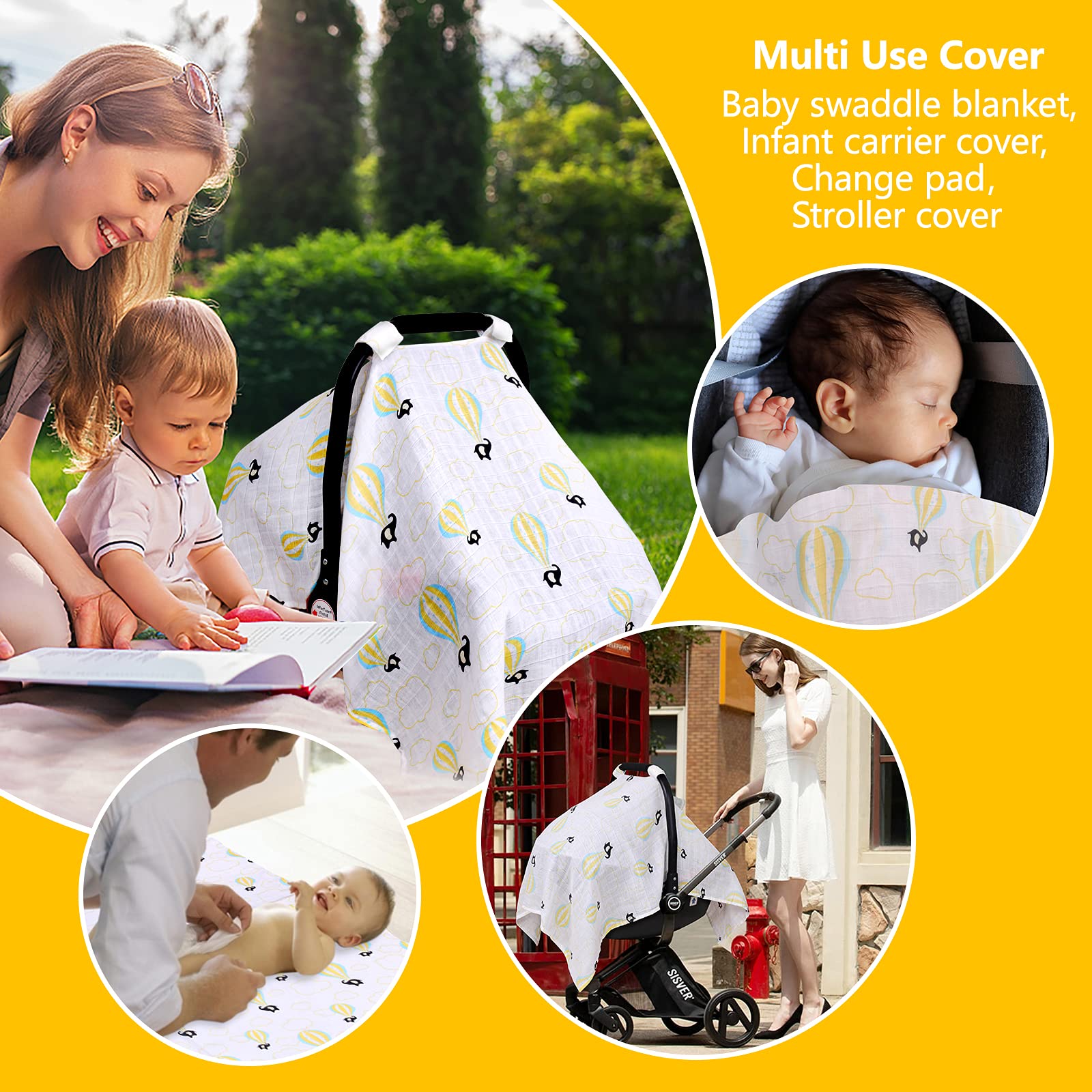Baby Car Seat Covers, Spring Carseat Canopy for Boys Girls, Lightweight Breathable Stroller Cover, Yellow Balloon Infant Carrier Covers