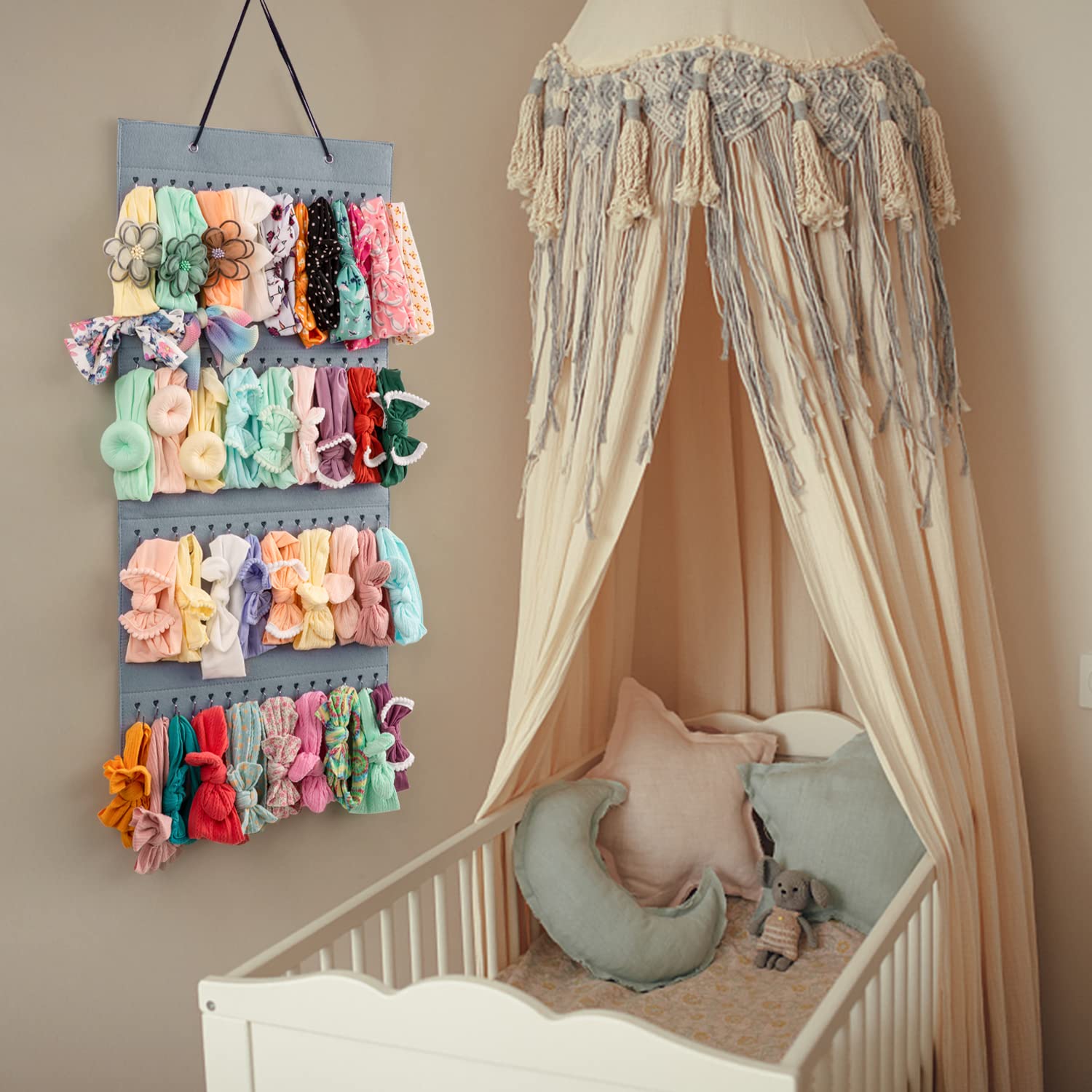 JEWERADO Headband Holder for Baby Girls Hair Bows Hanging Storage Organizer with 60 Hooks Storage for Newborn Headbands, Bow (Gray)