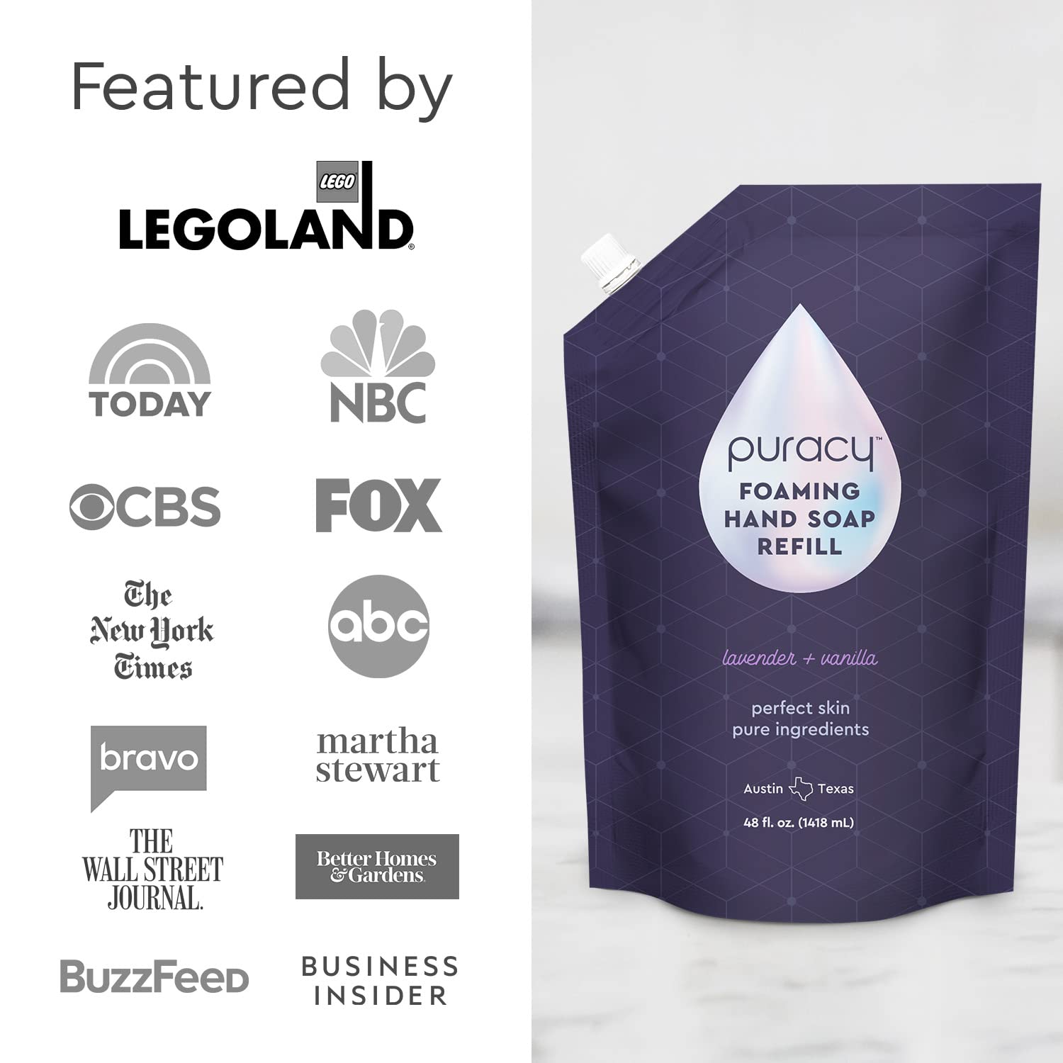 Puracy Foaming Hand Soap Refill - Plant-Powered Natural Hand Soap As Seen on TikTok, Non-Toxic, Sulfate-Free Liquid Soap, Moisturizing Foam Handwash Liquid (Lavender & Vanilla, 48 fl oz)