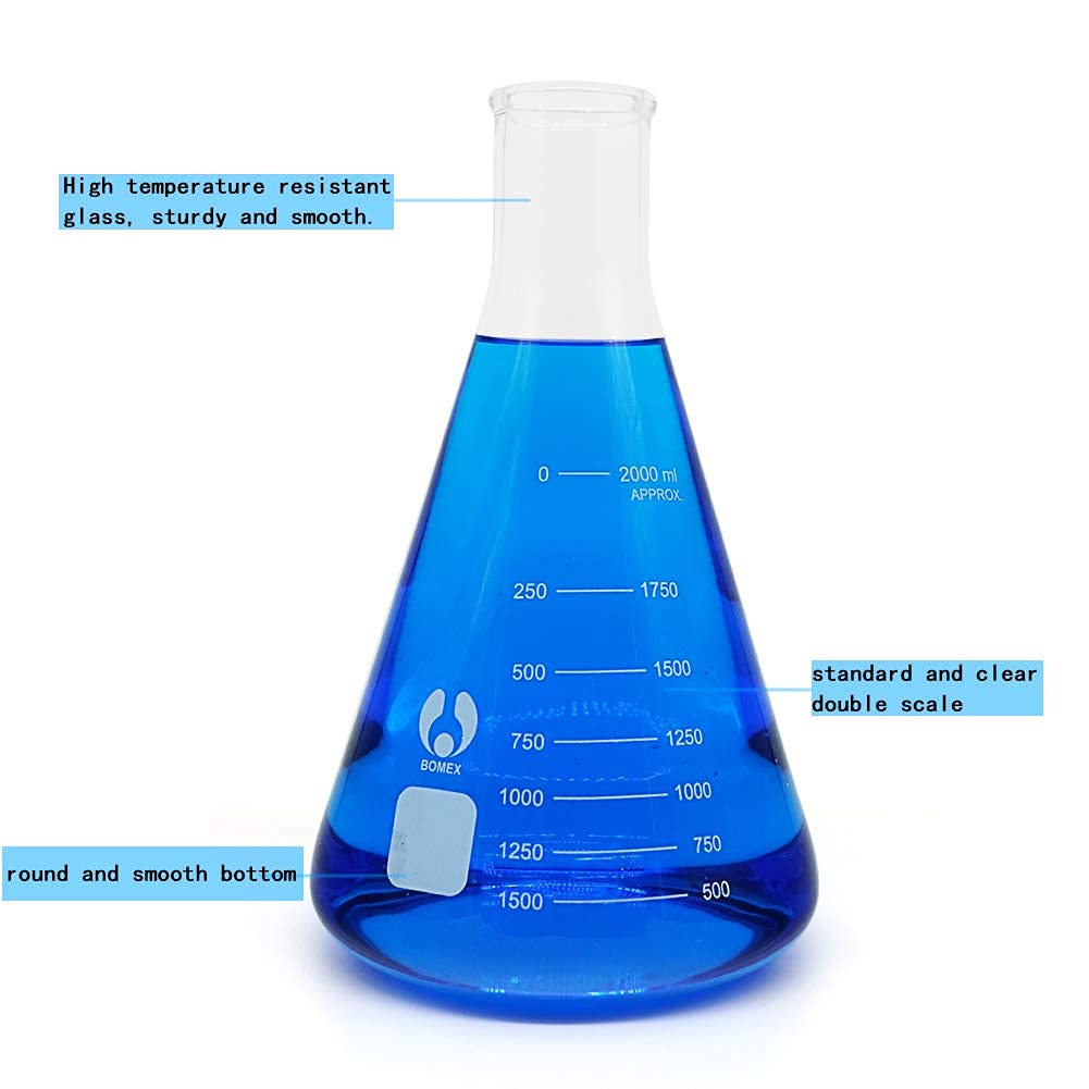 Glass Flask Erlenmeyer Flask Set Narrow Mouth 2000ml Glass Graduated Cylinder Set Thick Measuring Cylinders 5ml 10 ml 50ml 100ml with 2 Glass Stirring Rod and 1 Brush