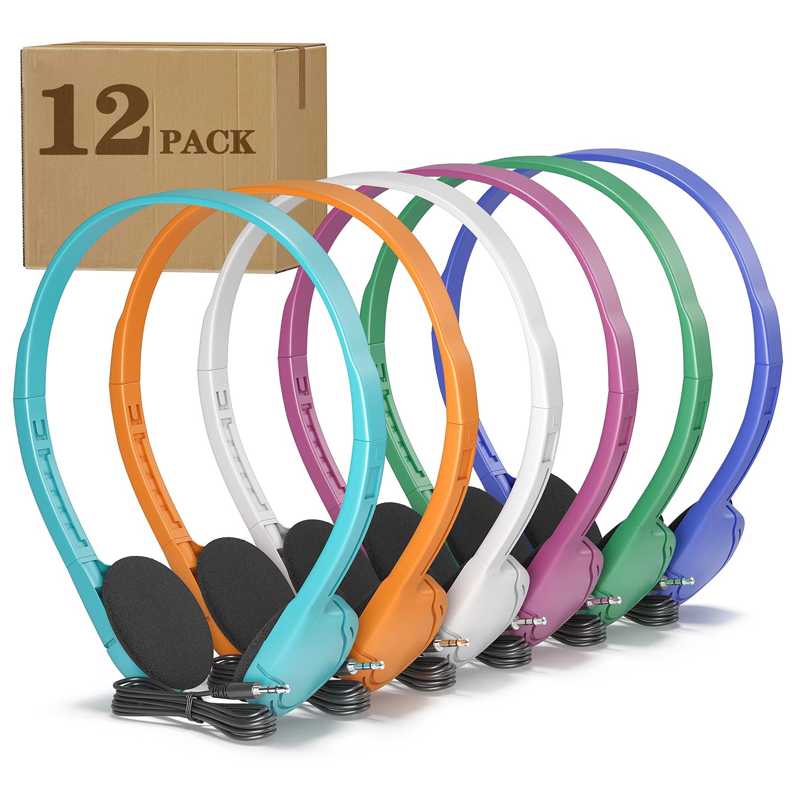 Keewonda School Headphones 12 Pack Multi Colors, Bulk Wired Disposable Kids Headphones for Classroom Students Individual Package