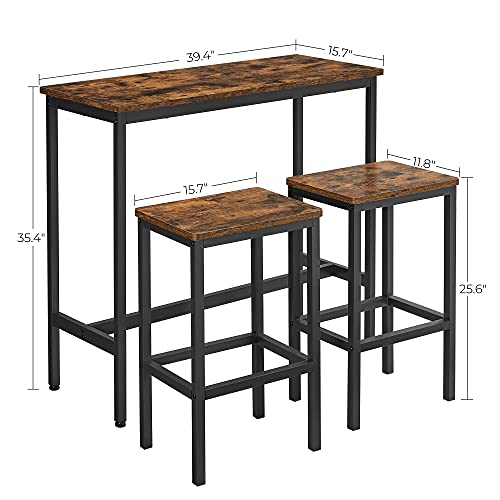 VASAGLE Dining Table Set, Bar Table and Chairs Set, Kitchen Bar Height Table with Stools Set of 2, Steel Frame, Industrial, Rustic Brown and Black ULBT218B01
