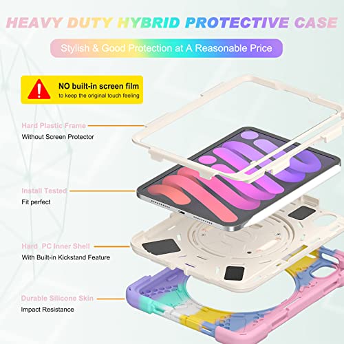 SIBEITU iPad Mini 6 Case 8.3 inch 2021 for Kids Girls with Pencil Holder, Heavy Duty Kids Proof W/Stand Hand&Shoulder Strap for Drawing Rainbow Pink
