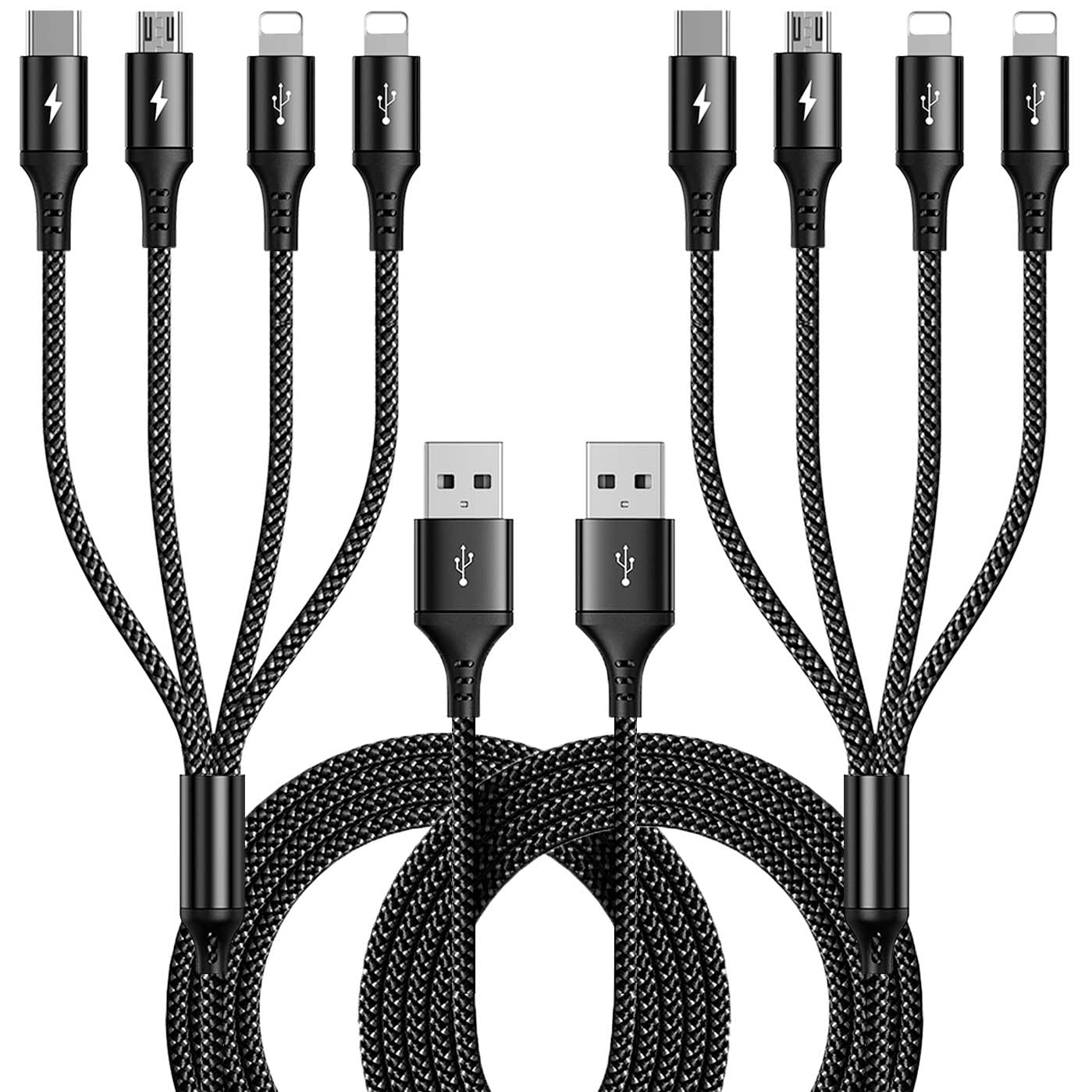 RULUS 4 in 1 Charging Cable [2Pack 4Ft], Fast Charging & Data Sync Multi Phone Charger Cable Nylon Braided USB Charging Cable with Lightning/Type C/Micro USB Port for iPhone,Samsung Tablets,Carplay