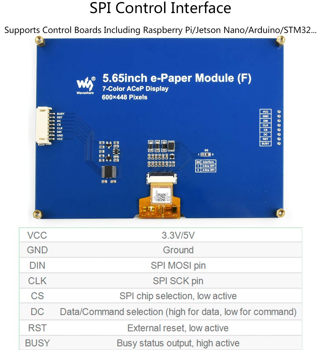 waveshare 5.65inch E-Ink Display HAT 7-Color ACeP E-Paper Display 600x448 Pixels for Arduino,Raspberry Pi 4B/3B+/3B/2B/Zero/Zero W/Zero WH and Jetson Nano