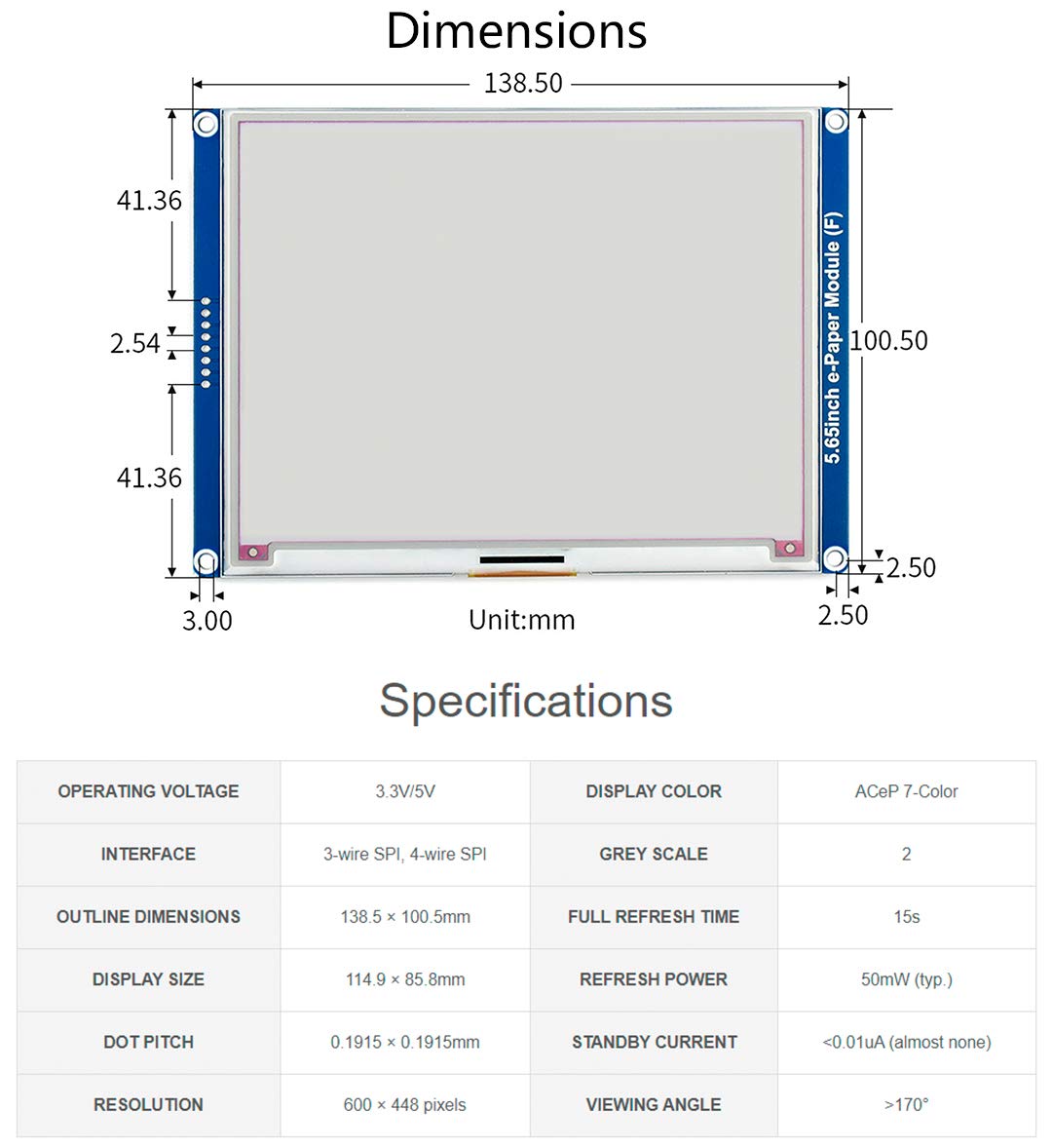 waveshare 5.65inch E-Ink Display HAT 7-Color ACeP E-Paper Display 600x448 Pixels for Arduino,Raspberry Pi 4B/3B+/3B/2B/Zero/Zero W/Zero WH and Jetson Nano