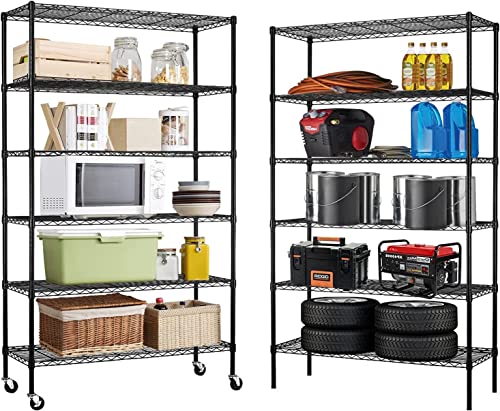 LLLstore 6-Tier Storage Metal Shelf Wire Shelving Unit 2100Lb Capacity Adjustable Heavy Duty Storage Rack with Wheels NSF Metal Shelf for Closet Kitchen Garage Basement, 82" H x 48" L x 18" D- Black