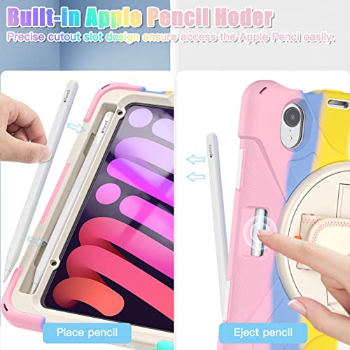 SIBEITU iPad Mini 6 Case 8.3 inch 2021 for Kids Girls with Pencil Holder, Heavy Duty Kids Proof W/Stand Hand&Shoulder Strap for Drawing Rainbow Pink