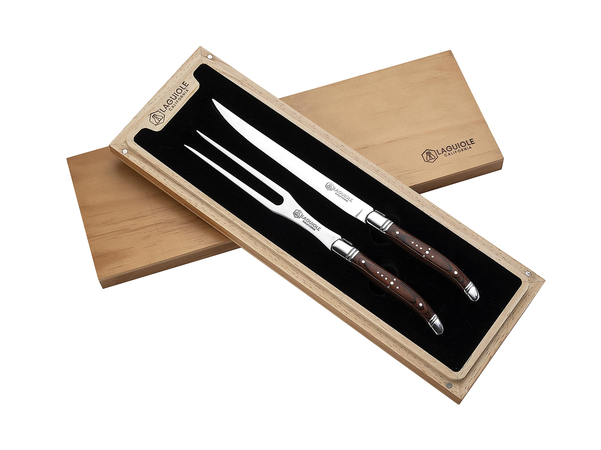 Laguiole California Carving Knife and Fork Set (11 inch) - Rosewood - Stainless Steel - Ergonomic Handles - Stored in a California Oakwood Gift Box