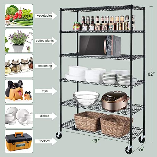 LLLstore 6-Tier Storage Metal Shelf Wire Shelving Unit 2100Lb Capacity Adjustable Heavy Duty Storage Rack with Wheels NSF Metal Shelf for Closet Kitchen Garage Basement, 82" H x 48" L x 18" D- Black