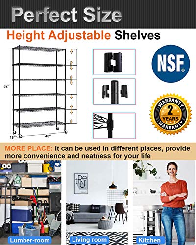 LLLstore 6-Tier Storage Metal Shelf Wire Shelving Unit 2100Lb Capacity Adjustable Heavy Duty Storage Rack with Wheels NSF Metal Shelf for Closet Kitchen Garage Basement, 82" H x 48" L x 18" D- Black