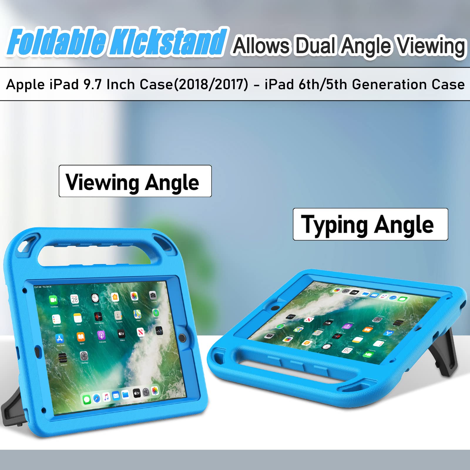 LTROP Kids Case for iPad 6th/5th Generation (2018/2017), iPad 9.7 Inch Case, iPad Air 2 Case for Kids, Built in Screen Protector, Shockproof Handle Stand Case for iPad 9.7 6th/5th Gen/Air 2, Blue