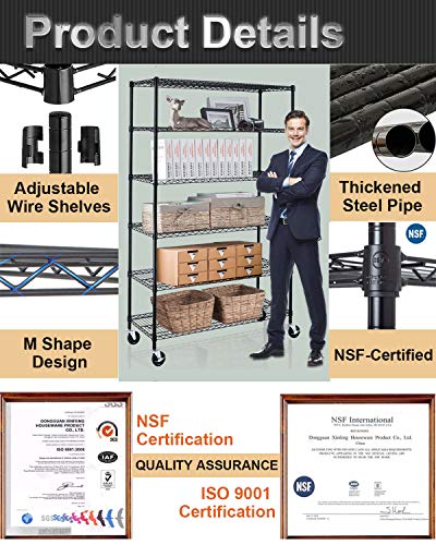 LLLstore 6-Tier Storage Metal Shelf Wire Shelving Unit 2100Lb Capacity Adjustable Heavy Duty Storage Rack with Wheels NSF Metal Shelf for Closet Kitchen Garage Basement, 82" H x 48" L x 18" D- Black
