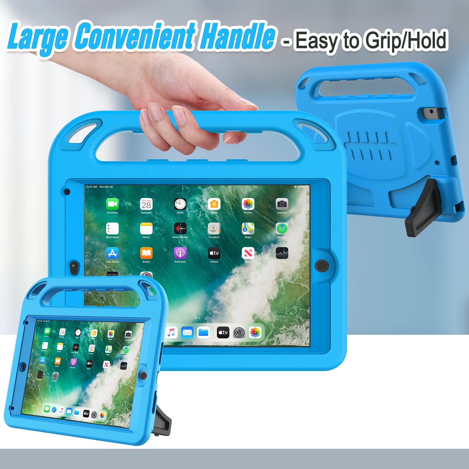 LTROP Kids Case for iPad 6th/5th Generation (2018/2017), iPad 9.7 Inch Case, iPad Air 2 Case for Kids, Built in Screen Protector, Shockproof Handle Stand Case for iPad 9.7 6th/5th Gen/Air 2, Blue