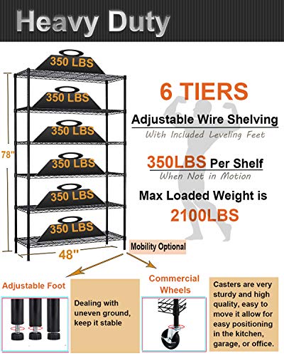 LLLstore 6-Tier Storage Metal Shelf Wire Shelving Unit 2100Lb Capacity Adjustable Heavy Duty Storage Rack with Wheels NSF Metal Shelf for Closet Kitchen Garage Basement, 82" H x 48" L x 18" D- Black