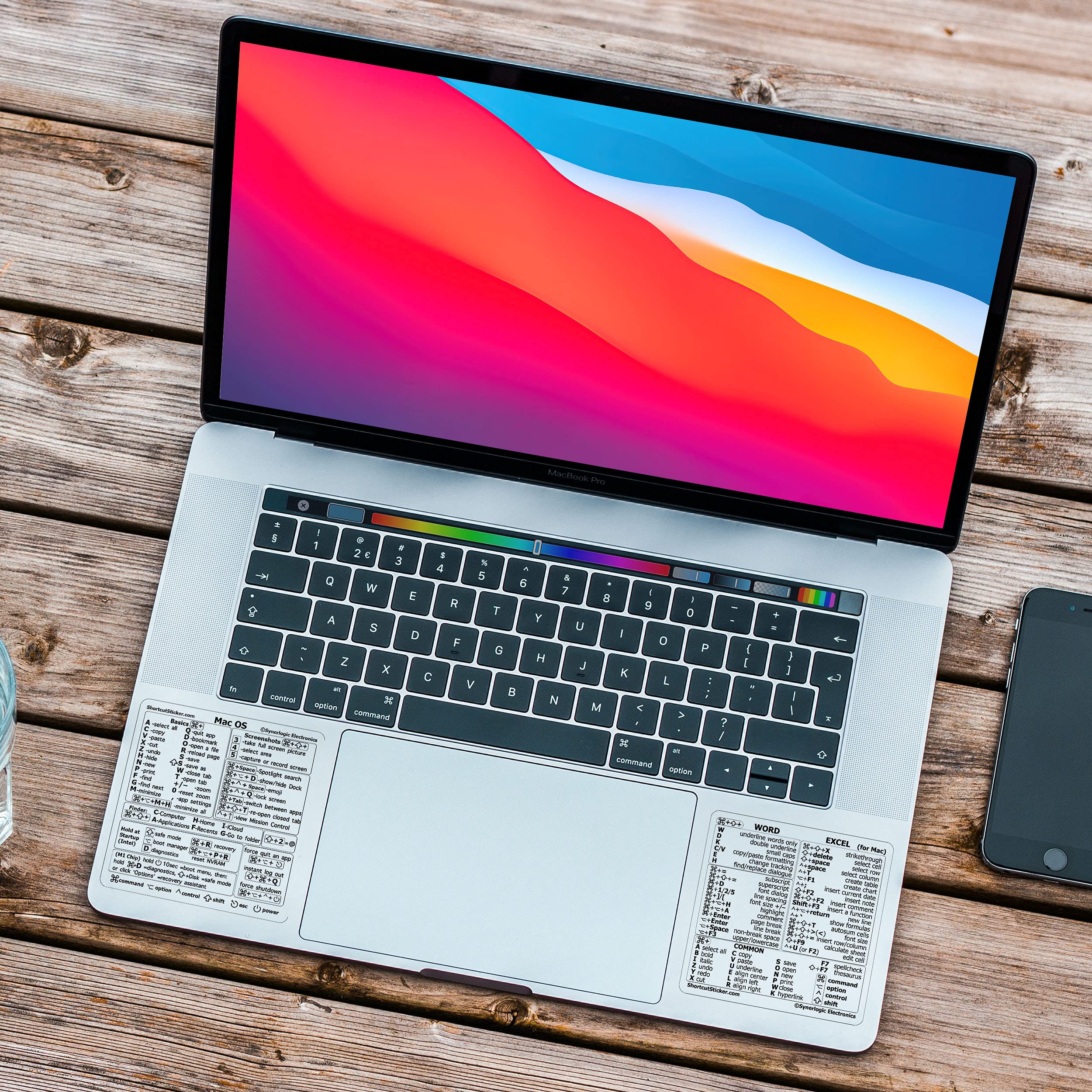 SYNERLOGIC Mac OS (M/Intel) + Word/Excel (for Mac) Quick Reference Keyboard Shortcut Stickers - for MacBook Air/Pro/iMac/Mac/Mini (Clear, 1 Set)