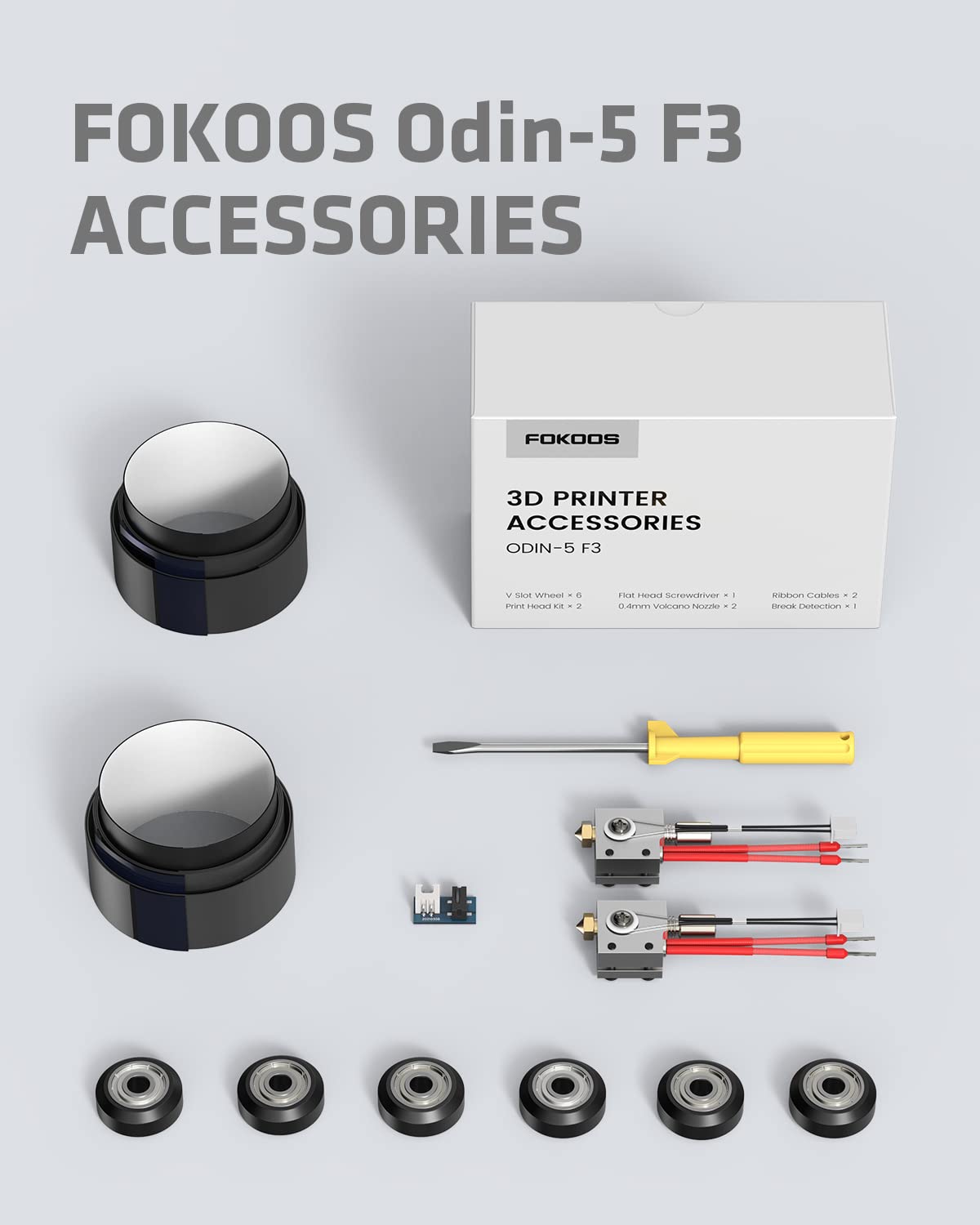FOKOOS Odin-5 F3 3D Printer Accessories (V Slot Wheel * 6 Print Head Kit * 2 Ribbon Cables * 2 Break Detection * 1 Flat Head Screwdriver * 1 0.4mm Volcano Nozzle * 2)