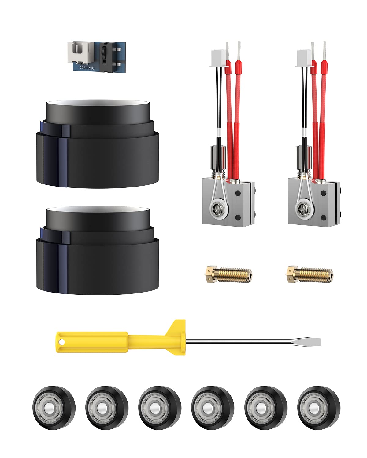 FOKOOS Odin-5 F3 3D Printer Accessories (V Slot Wheel * 6 Print Head Kit * 2 Ribbon Cables * 2 Break Detection * 1 Flat Head Screwdriver * 1 0.4mm Volcano Nozzle * 2)