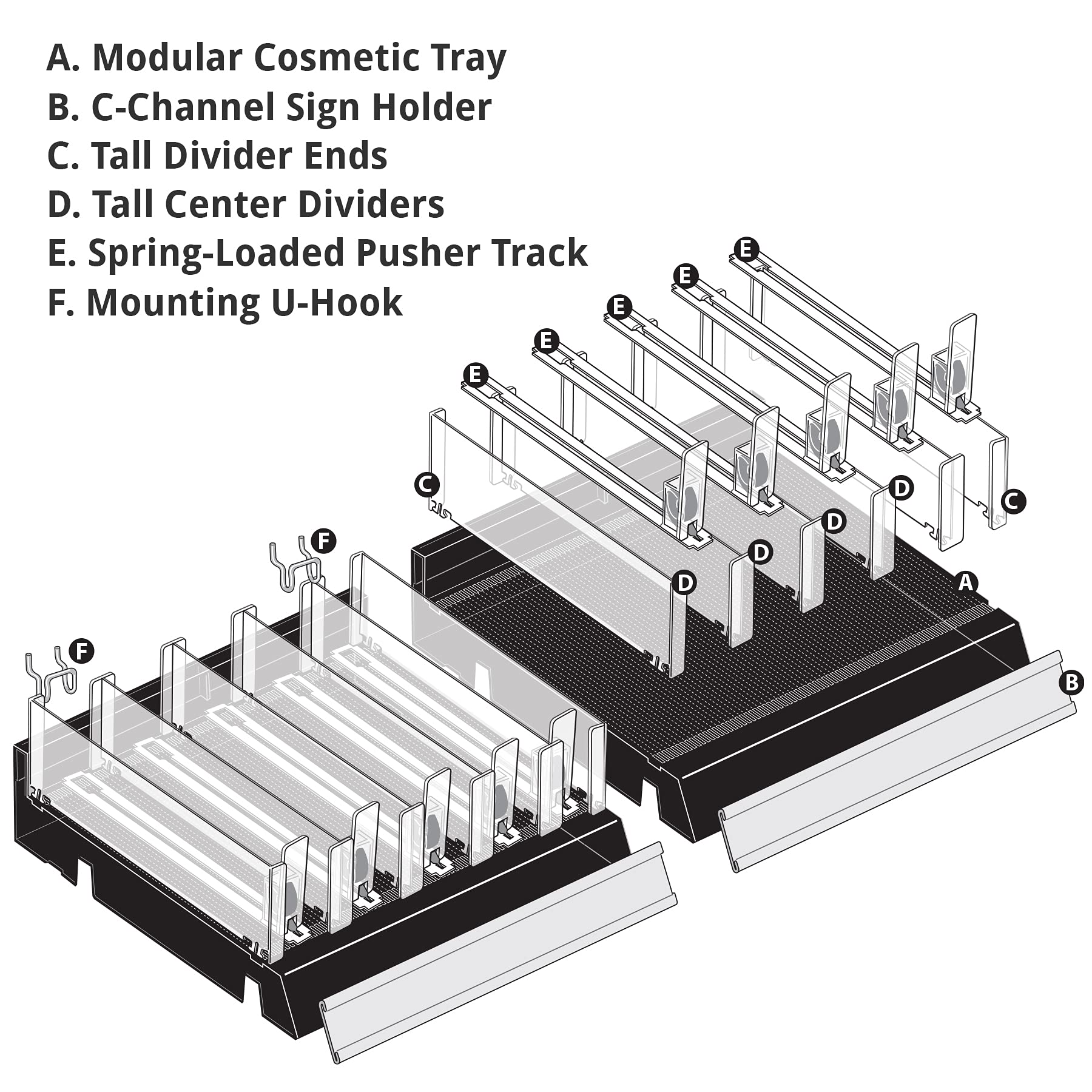 Azar Displays 225830-TALL-BLK Adjustable Tall Divider Bin Cosmetic Tray with Pushers - Customize Slot Size to Product, Black 2-Pack