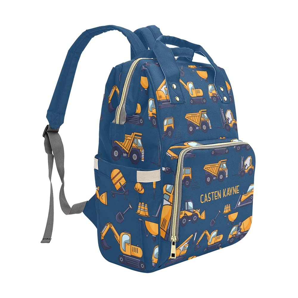 SunFancy Personalized Truck Construction Machinery Diaper Backpack with Name Text Large Capacity Custom Multi-Function Bag Unisex Travel Backpack for Mom Dad Boy Girl