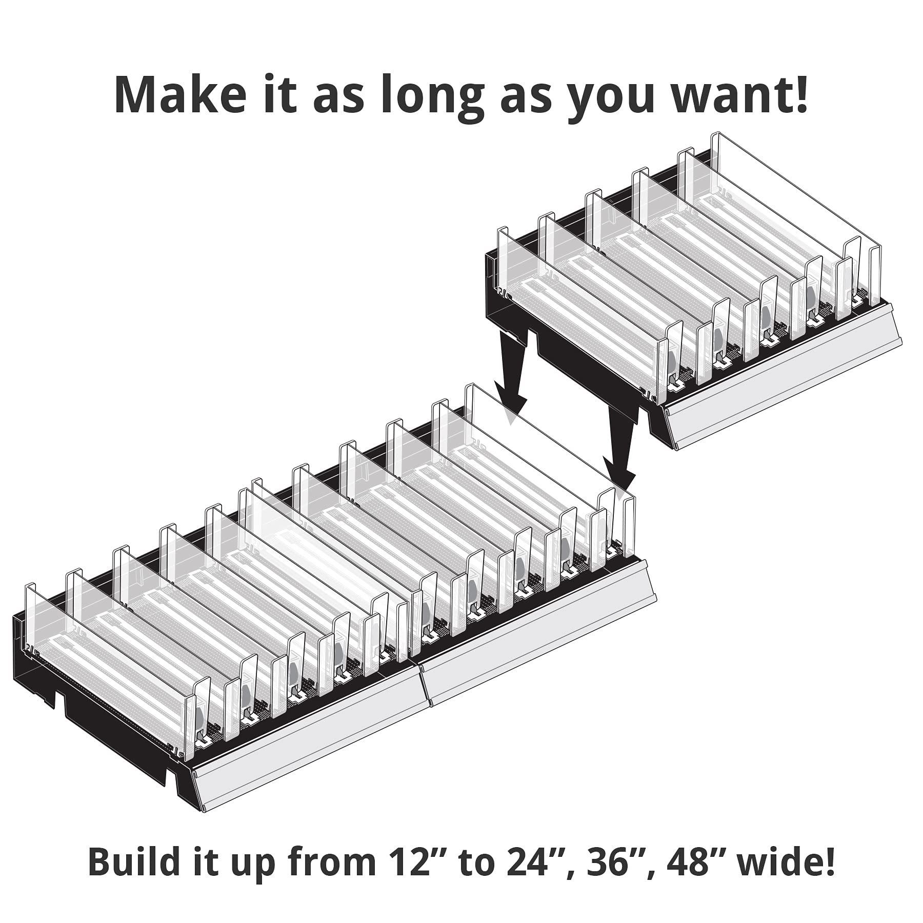 Azar Displays 225830-TALL-BLK Adjustable Tall Divider Bin Cosmetic Tray with Pushers - Customize Slot Size to Product, Black 2-Pack