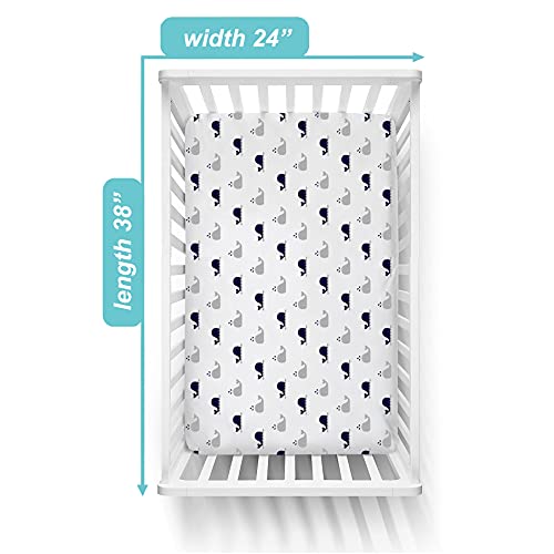 TL Care 2 Pack Fitted Mini Crib Sheet 24" x 38", Soft Breathable Neutral 100% Cotton Jersey Portable Sheet, Navy Whale/Gray Zigzag, for Boys and Girls, Fits Most Pack N Play Mattresses