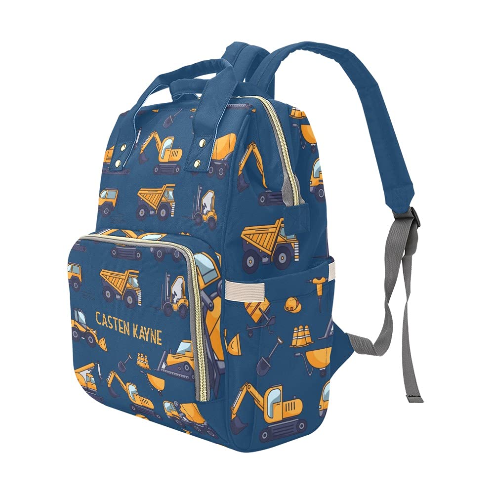 SunFancy Personalized Truck Construction Machinery Diaper Backpack with Name Text Large Capacity Custom Multi-Function Bag Unisex Travel Backpack for Mom Dad Boy Girl