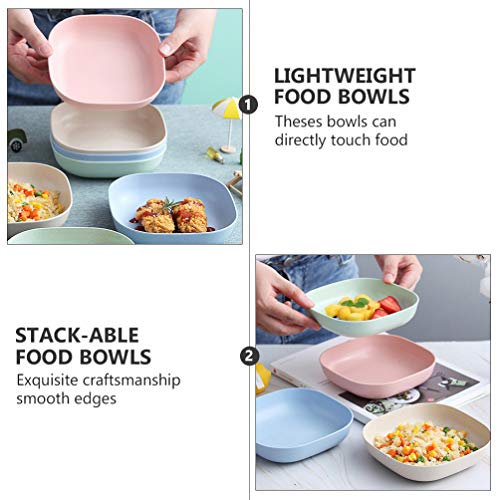 HEMOTON 4pcs Square Salad Bowl Wheat Straw Pasta Bowls Lightweight Food Serving Bowls Party Snack Dish for Soup Dessert Rice (Beige,Pink,Blue,Green)