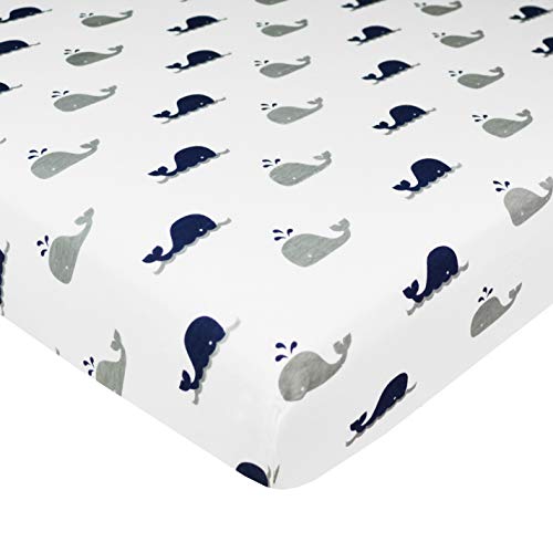 TL Care 2 Pack Fitted Mini Crib Sheet 24" x 38", Soft Breathable Neutral 100% Cotton Jersey Portable Sheet, Navy Whale/Gray Zigzag, for Boys and Girls, Fits Most Pack N Play Mattresses