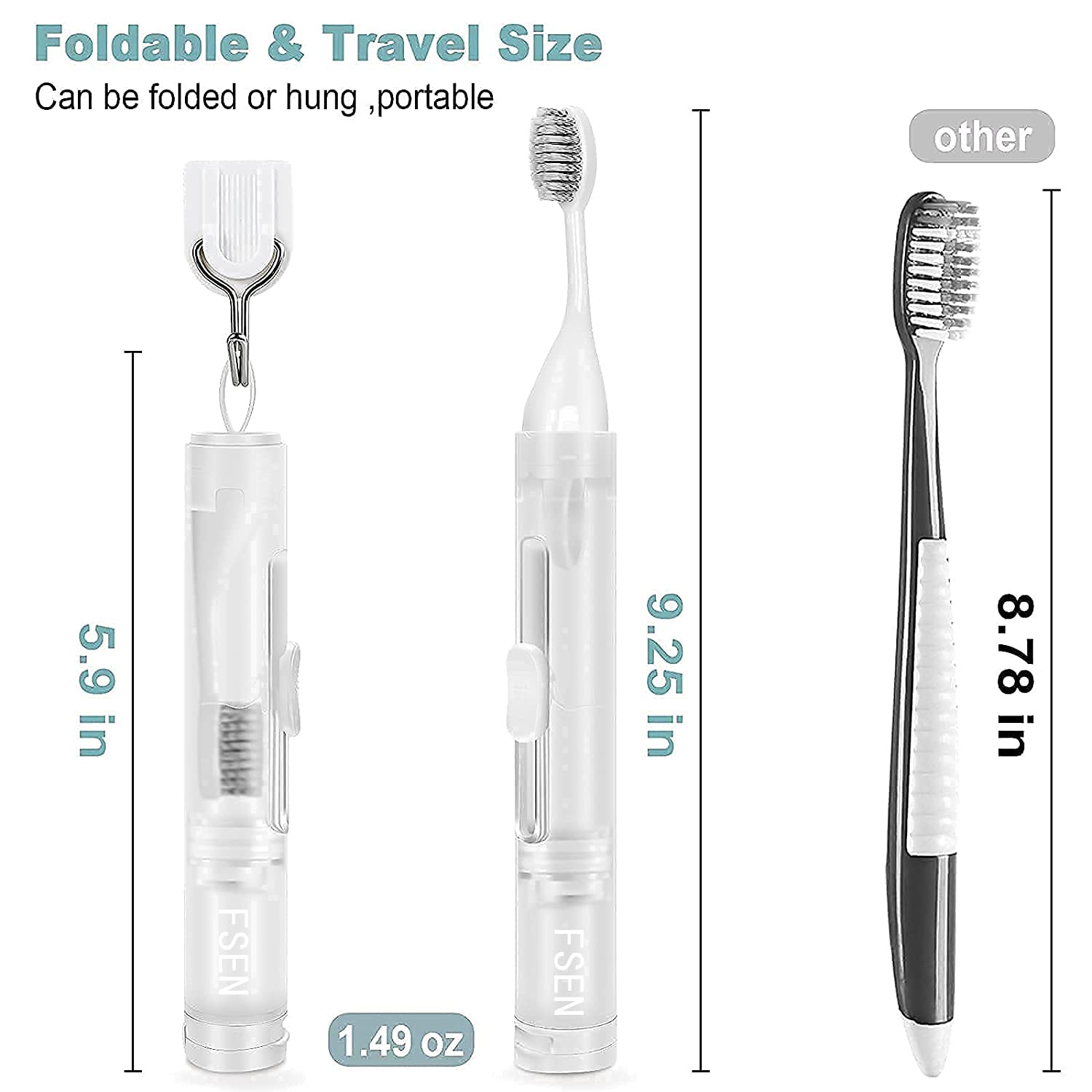 FSEN Portable Travel Toothbrush, 3 in 1 with Travel Case and Extra Soft Bristles and Built-in Refillable Toothpaste Tube kit,Camping Travel Essential Accessories