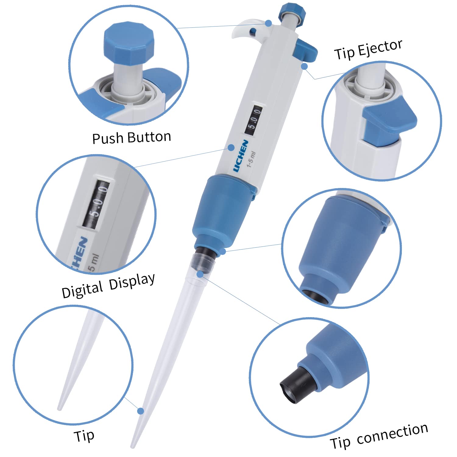 LICHEN lab Single Channel Micropipettor Multi Volume Capacity Adjustable Micropipette Scientific Laboratory High Precision Micropipette (1000-5000μl (Increment:50μl))