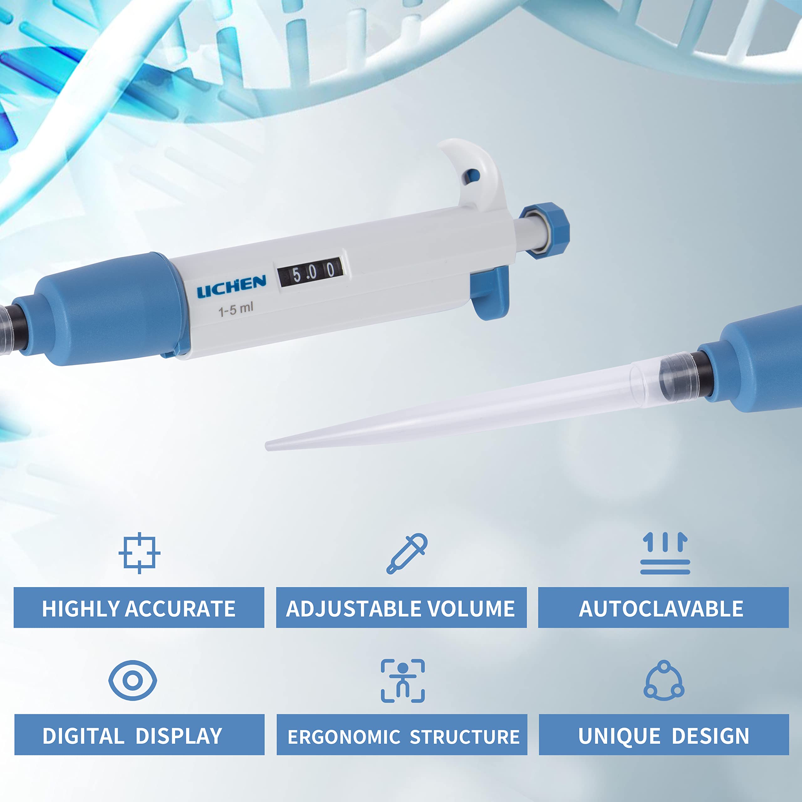 LICHEN lab Single Channel Micropipettor Multi Volume Capacity Adjustable Micropipette Scientific Laboratory High Precision Micropipette (1000-5000μl (Increment:50μl))