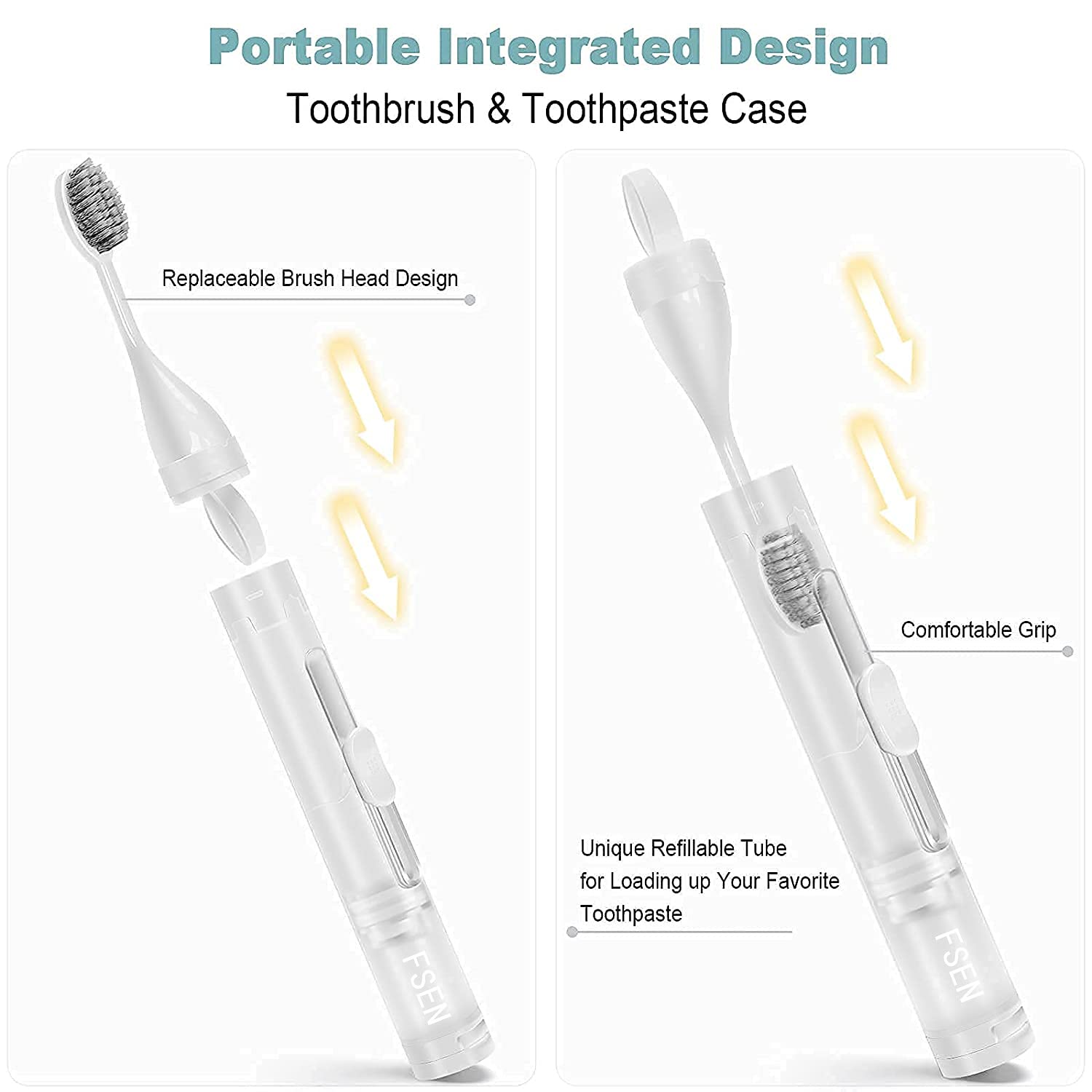 FSEN Portable Travel Toothbrush, 3 in 1 with Travel Case and Extra Soft Bristles and Built-in Refillable Toothpaste Tube kit,Camping Travel Essential Accessories