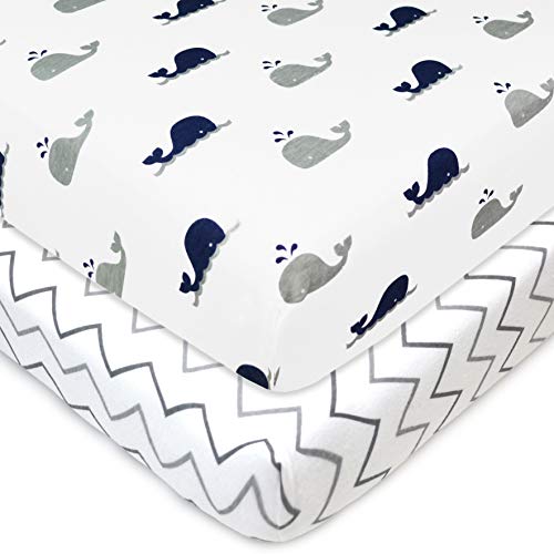 TL Care 2 Pack Fitted Mini Crib Sheet 24" x 38", Soft Breathable Neutral 100% Cotton Jersey Portable Sheet, Navy Whale/Gray Zigzag, for Boys and Girls, Fits Most Pack N Play Mattresses