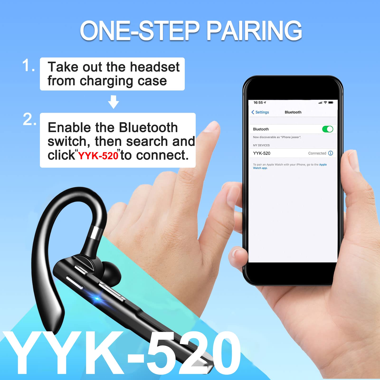 Hsility Bluetooth Headset for Cell Phones 500Hrs Standby Time with LED Charging Case 270 Degrees Rotatable Mic Hands Free Bluetooth 5.1 Version