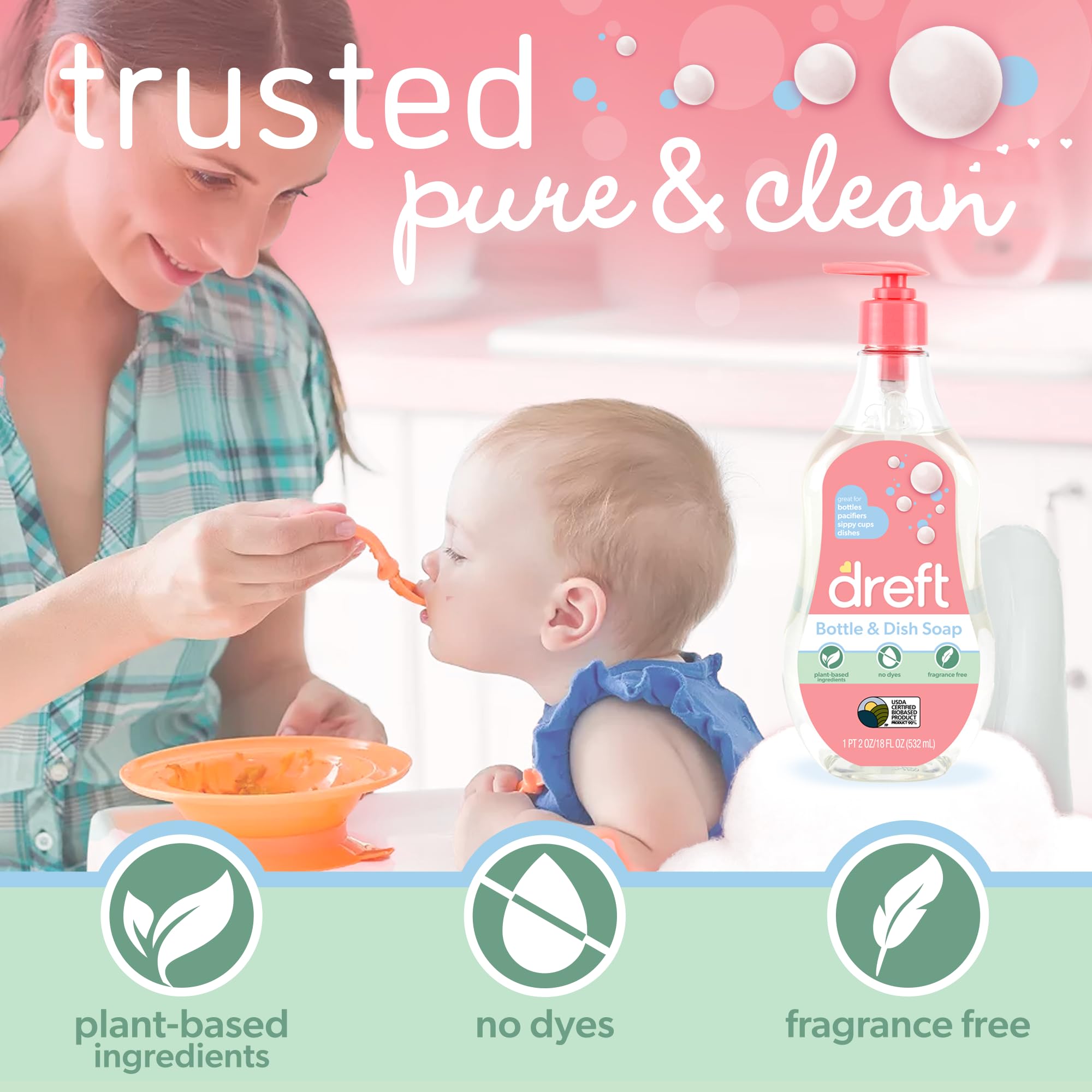 DREFT Bottle and Dish Soap | Made to Clean Baby Bottles, Sippy Cups, Pacifiers, Breast Pumps, & More | Gently Removes Milk Film & Odors | Plant Based, Fragrance Free Dish Soap | 18 Fl Oz (Pack of 3)