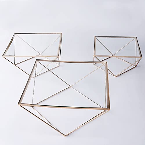 Efavormart 10" Square Gold Metal Geometric Cake Stand Gold Cake Riser with Glass Top Glossy Metallic Finish for Dessert Cupcake Pastry Candy Display Plate Event, Birthday Party
