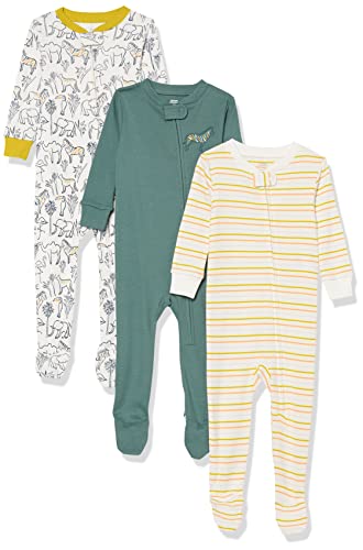Amazon Essentials Baby Girls' Snug-Fit Cotton Footed Sleeper Pajamas, Pack of 3, Safari, 18 Months