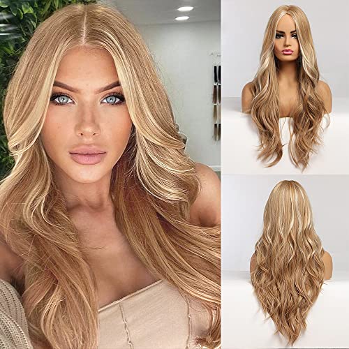 OMELPIS Stylish Long Blonde with Highlights Wavy Wig Middle Part Curly Natural Heat Resistant Fiber Synthetic Wig for Women Girls Daily Party Holiday Festival Chrismas Travel Use (26 Inches/66cm)
