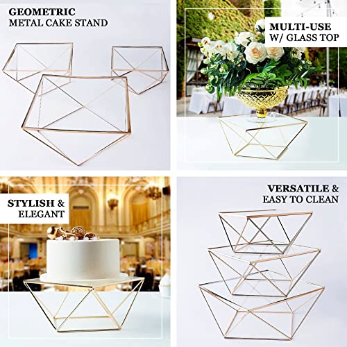 Efavormart 10" Square Gold Metal Geometric Cake Stand Gold Cake Riser with Glass Top Glossy Metallic Finish for Dessert Cupcake Pastry Candy Display Plate Event, Birthday Party