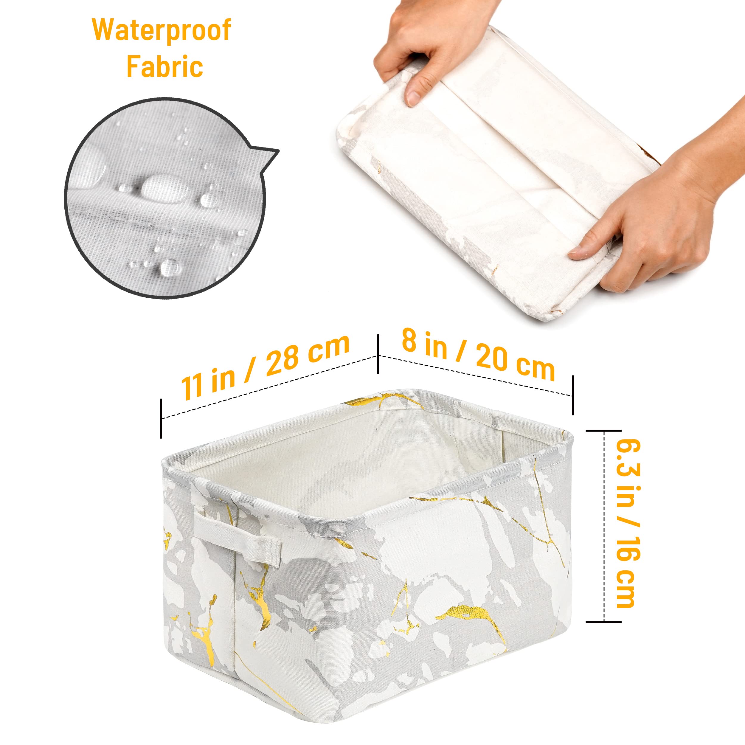 6 Pcs Storage Basket Foldable Cube Fabric Bins Square Mini Box Receive Organizer Rectangle Canvas with Handles for Nursery Home Office Kids Toys Books Small 11x8x6.3 inch Marble White